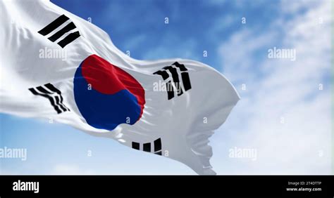 Close Up Of National Flag Of South Korea Waving On A Clear Day White