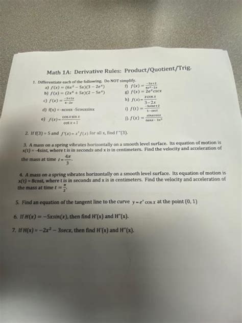 Solved Math 1a Derivative Rules Product Quotient Trig 1