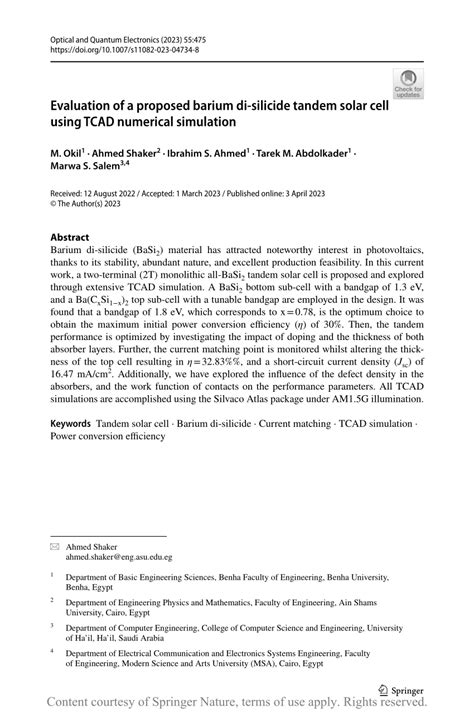 Pdf Evaluation Of A Proposed Barium Di Silicide Tandem Solar Cell Using Tcad Numerical Simulation