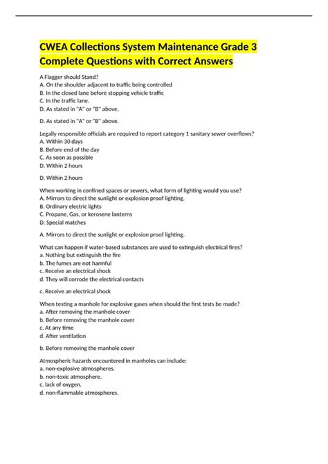 Cwea Collections System Maintenance Grade 3 Complete Questions With Correct Answers Cwea