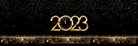 2023 새해 복 많이 받으세요 시계 카운트 다운 배경 반짝이는 추상적 인 축하와 함께 빛에 빛나는 금빛 반짝임 인사말 축제 카드 벡터 일러스트레이션 메리 홀리데이 포스터