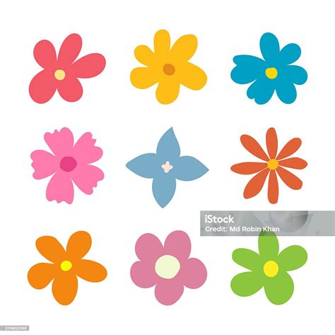 꽃 벡터의 집합입니다 다양한 모양의 귀여운 둥근 꽃 머리를 특징으로하는 다채로운 꽃 아이콘 추상적인 유기적 꽃잎 꽃 디자인이 있는 손으로 그린 단순한 식물 봄 꽃 예술 0