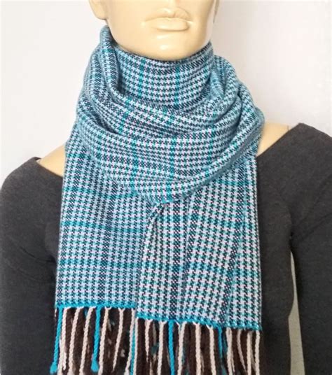 Шарф домотканый из меринос шерсти бирюза беж