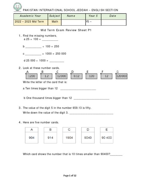 Mid Term Exam Review Sheet P1 Pdf Numbers Triangle