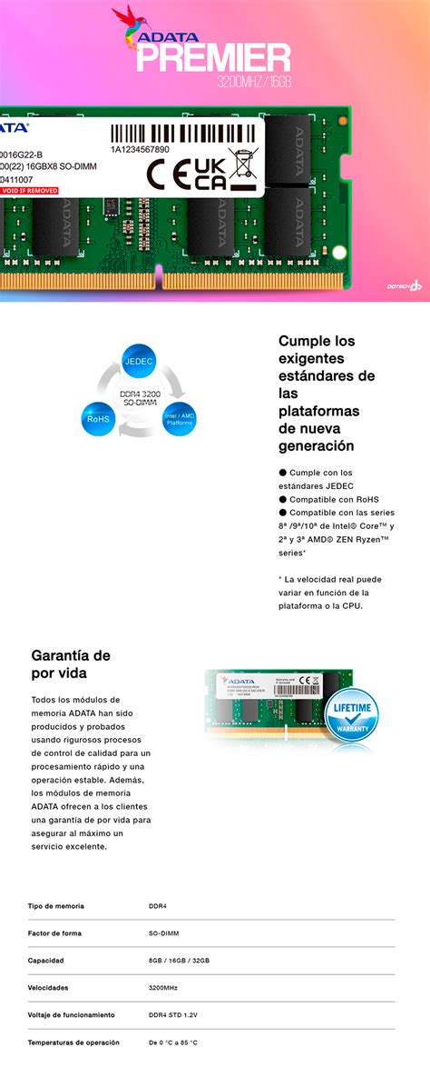 Memoria Ram Adata Premier Ddr4 3200mhz 16gb Cl22 So Dimm Ad4s320016g22 Sgn Dd Tech