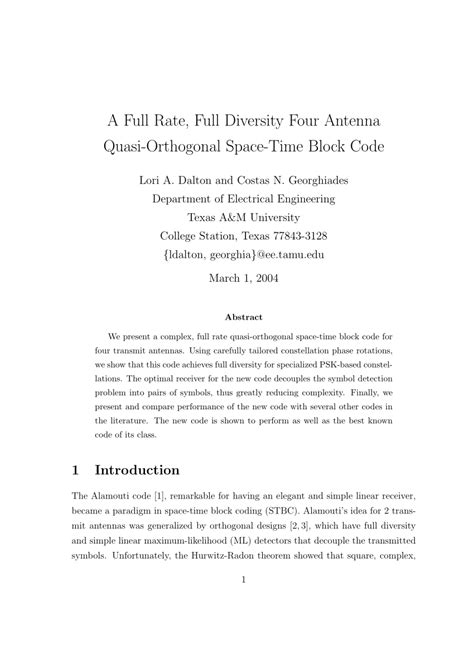 Pdf Ia Full Rate Full Diversity Four Antenna Quasi Orthogonal Space Time Block Code