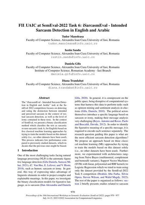 Pdf Fii Uaic At Semeval 2022 Task 6 Isarcasmeval Intended Sarcasm Detection In English And