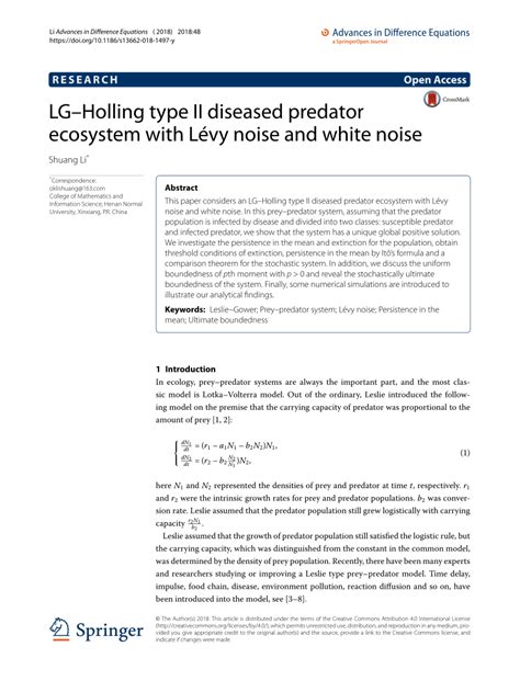 Pdf Lgholling Type Ii Diseased Predator Ecosystem With Lévy Noise And White Noise