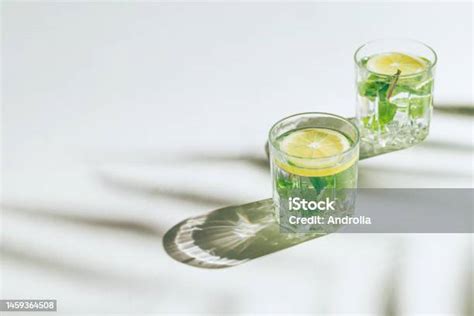 야자수 잎 그림자가 있는 흰색 햇볕이 잘 드는 배경에 얇게 썬 레몬과 민트를 곁들인 칵테일 또는 물 두 잔 여름 다과 개념 최소한의 스타일 감귤류 과일에 대한 스톡 사진 및