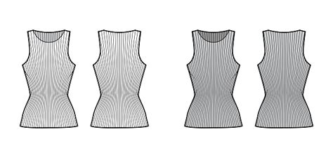 리브드 코튼 저지 탱크 테크니컬 패션 일러스트와 슬림핏 길쭉한 밑단 크루 네크라인 플랫 아웃웨어 탑 0명에 대한 스톡 벡터 아트