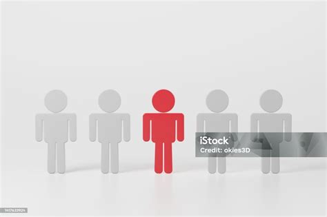 흰색 배경에 군중 백인 사람들 눈에 띄는 다른 빨간 사람의 그림 리더십 사업가 인적 자원 개념의 연속으로 다른 사람들과 함께 붉은 인간 모델 3d 렌더링 3차원 형태에 대한