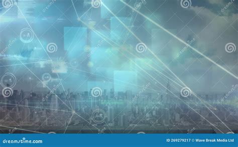 Animation Of Network Of Connections Data Processing And Square Shapes Over Aerial View Of