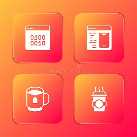 Set Binary Code Software Cup Tea With Tea Bag And Coffee Cup To Go Icon Vector Stock Vector