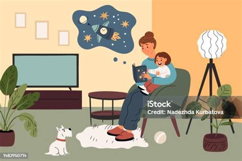 꿈꾸는 캐릭터 어머니는 아이에게 우주에 관한 책을 읽어 준다 행복한 아들은 상상합니다 재미있는 이야기 아이들은 백일몽을 꾼다 환상적인 우주 여행의 상상력 화려한 벡터 개념