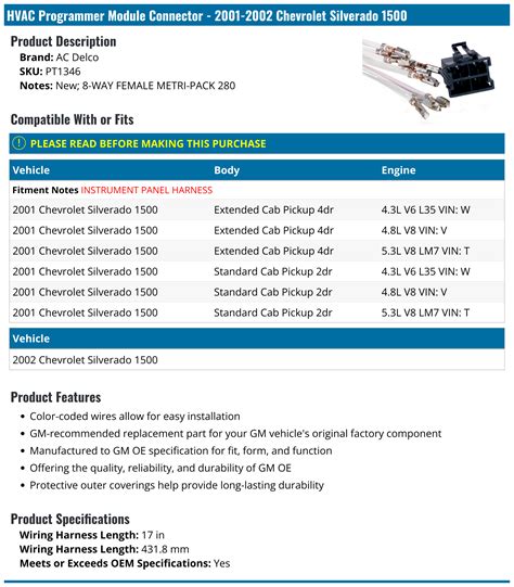 2001 2002 Chevrolet Silverado 1500 Hvac Programmer Module Connector Ac Delco Pt1346