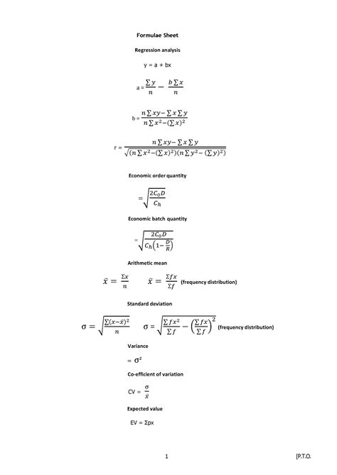 Fma Ma Formula Sheet Nm 1 [p T Formulae Sheet Regression Analysis Y A Bx A ∑þ 𝕛 −