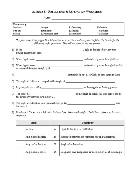 Reflection Refraction Worksheet Pdf Reflection Physics Refraction
