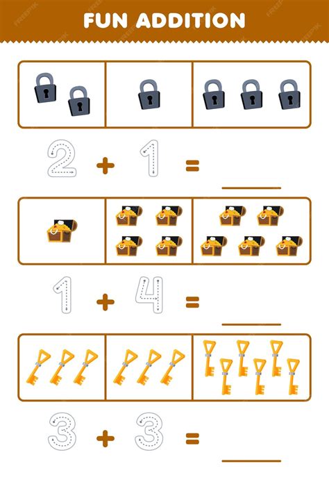 귀여운 만화 자물쇠 보물 상자와 키 인쇄 가능한 해적 워크시트의 수를 세고 추적하여 어린이를 위한 교육 게임 재미 추가 프리미엄 벡터