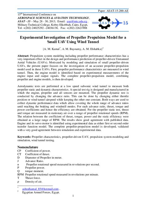 Pdf Experimental Investigation Of Propeller Propulsion Model For A Small Uav Using Wind Tunnel