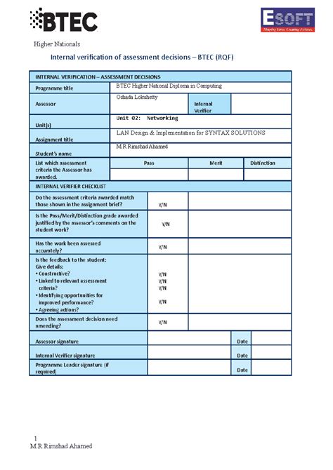 Higher Nationals 1 Hihihihih Higher Nationals Internal Verification Of Assessment Decisions