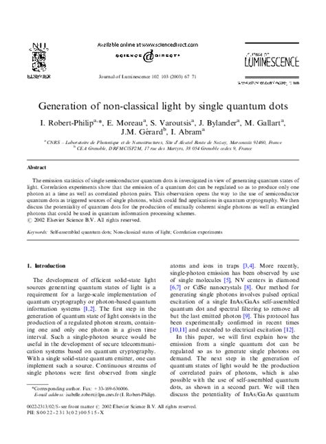 Pdf Generation Of Non Classical Light By Single Quantum Dots Izo Abram