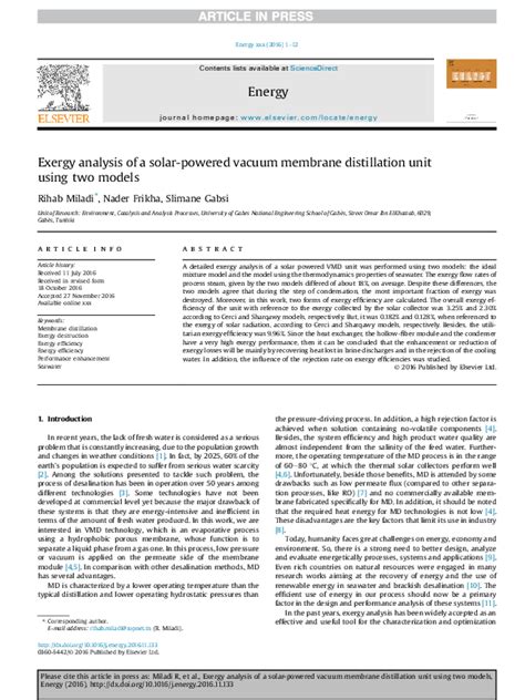 Pdf Exergy Analysis Of A Solar Powered Vacuum Membrane Distillation Unit Using Two Models
