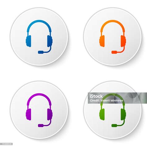 흰색 바탕에 마이크 아이콘이 있는 컬러 헤드폰 이어폰 서명 음악 서비스 통신 및 운영자를 청취 하기 위한 개념 객체 원 버튼의 색상을 설정 합니다 벡터 일러스트 Dj에 대한