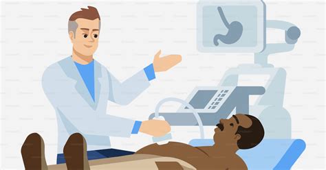 의료 절차 세미 플랫 Rgb 컬러 벡터 그림입니다 복부 초음파를 실시하는 남성 의사는 흰색 바탕에 만화 캐릭터를 격리한다 사진