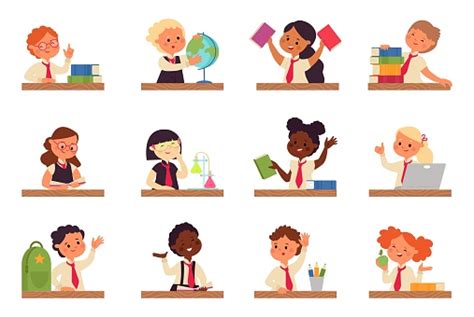 아이들은 책상에서 공부합니다 노트북으로 공부하는 아이 소년은 앉아서 숙제를하고 젊은 학생 쓰기 시험 테이블에서 생각 하는 소녀 괜찮은 벡터 문자 읽기에 대한 스톡 벡터 아트