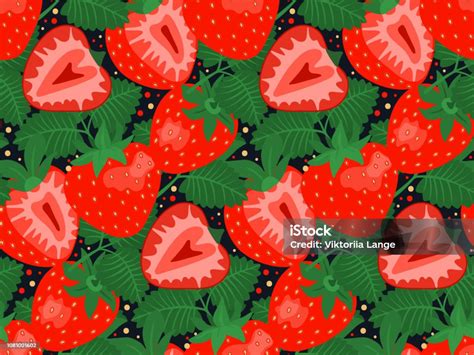 딸기와 어두운 배경에 잎 완벽 한 패턴입니다 배치 배경 화면 등 섬유에 대 한 좋은 벡터 일러스트입니다 0명에 대한 스톡 벡터
