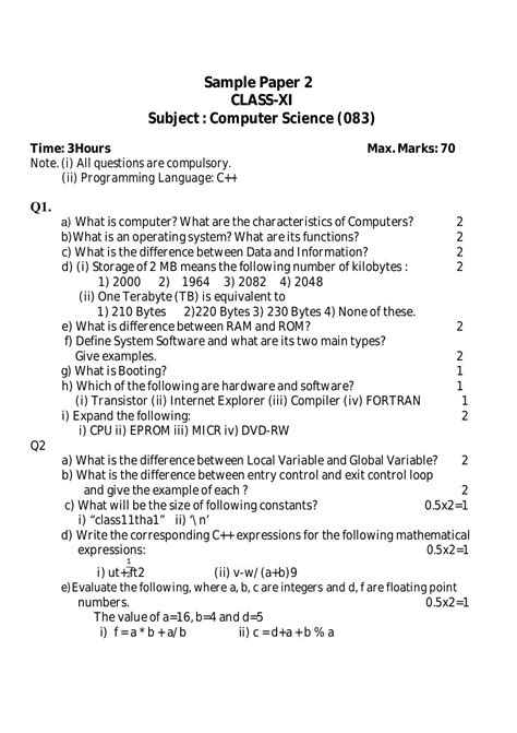 Sample Paper 2 Class Xi Computer Science