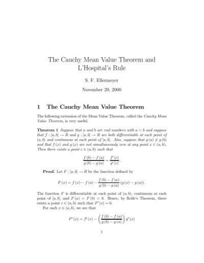The Cauchy Mean Value Theorem And L Hospital S Rule
