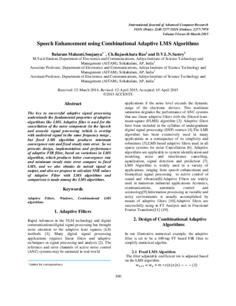 Pdf Speech Enhancement Using Combinational Adaptive Lms Algorithms