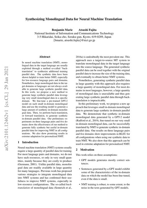 Pdf Synthesizing Monolingual Data For Neural Machine Translation