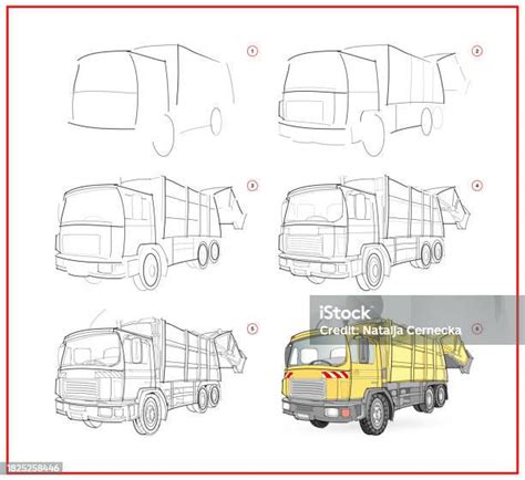 이 페이지에서는 쓰레기 수거차의 모델을 단계별로 그리는 방법을 배우는 방법을 보여줍니다 아이들의 그림 그리기와 색칠 기술 개발 어린이 학교 연습장을 위한 인쇄 가능한