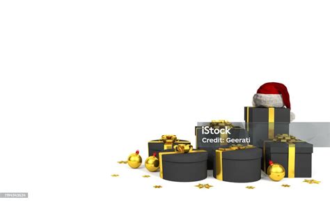 흰색 배경에 황금 리본과 산타 클로스 모자와 검은 선물 상자 3d 렌더링 12월에 대한 스톡 사진 및 기타 이미지 12월 개념 검은색 Istock