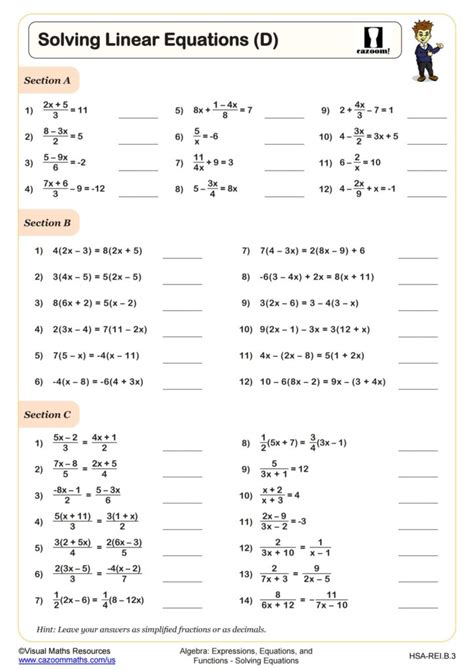 Worksheet Linear Equations In One Variable Creative Printable