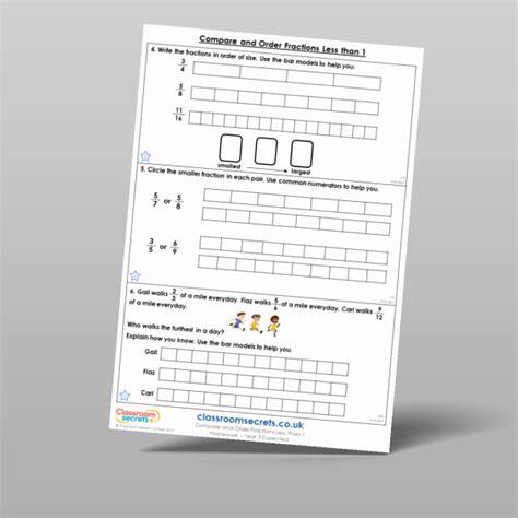 Year 5 Compare And Order Fractions Less Than 1 Homework Resource Classroom Secrets