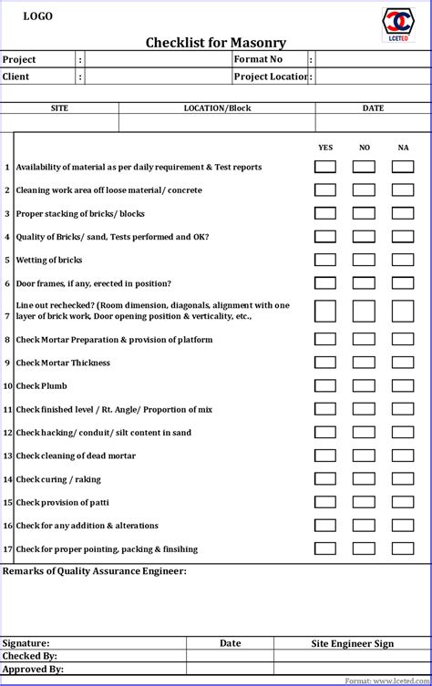 Masonry Wall Construction Checklist Format Brick Wall Construction