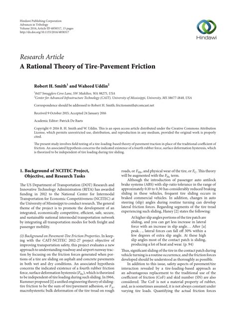 Pdf A Rational Theory Of Tire Pavement Friction