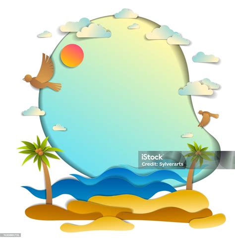 손바닥 바다 파도 완벽 한 바다 경치 새 구름과 하늘 프레임 배경 복사 공간 여름 비치 휴가 테마 종이 컷된 스타일 벡터 일러스트 레이 션에에서 태양 해변 여름에 대한 스톡