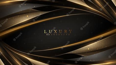 골든 리본 요소와 반짝이 조명 효과 장식 및 보케가 있는 블랙 럭셔리 배경 프리미엄 벡터