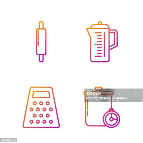 세트 라인 요리 냄비와 주방 타이머 강판 롤링 핀과 찻주전자 그라데이션 색상 아이콘입니다 벡터 강철에 대한 스톡 벡터 아트 및