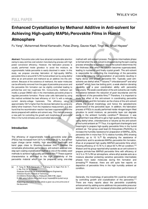 Pdf Enhanced Crystallization By Methanol Additive In Antisolvent For Achieving High Quality