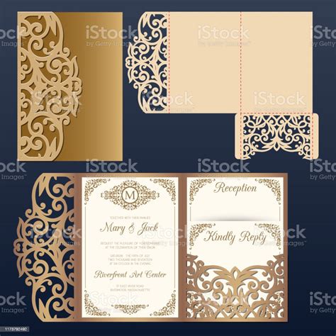 다이 레이저 컷 웨딩 카드 벡터 템플릿 트라이 폴드 포켓 봉투 웨딩 레이스 초대 모형입니다 0명에 대한 스톡 벡터 아트 및 기타 이미지 Istock