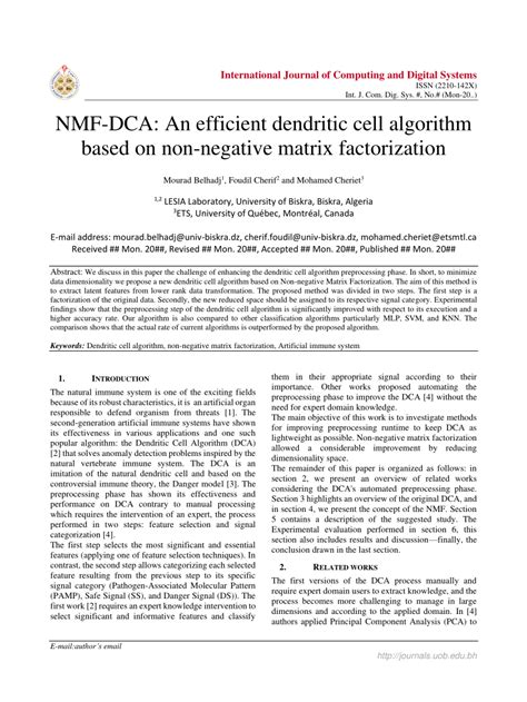 Pdf Nmf Dca An Efficient Dendritic Cell Algorithm Based On Non Negative Matrix Factorization