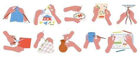 수제 작업장 공예 및 자수 과정 인간의 손이 만들고 그림을 그리는 작업장 예술 취미 Diy 및 바느질 괜찮은 벡터 세트 뜨개질하기에 대한 스톡 벡터 아트 및 기타 이미지