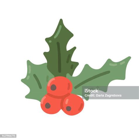 딸기가있는 홀리 크리스마스 식물 흰색 배경에 벡터 플랫 일러스트 레이 션 0명에 대한 스톡 벡터 아트 및 기타 이미지 0명