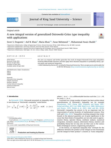 Pdf A New Integral Version Of Generalized Ostrowski Grüss Type Inequality With Applications