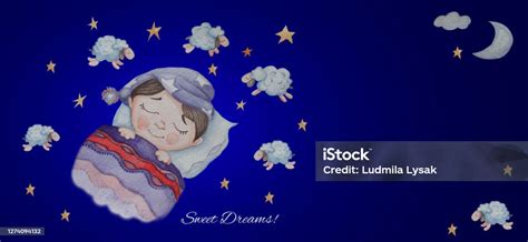 좋은 꿈꾸세요 담요 아래에서 자고있는 귀여운 아기 그 위에는 별이 빛나는 하늘 달과 자고 있는 양이 있습니다 잠들수 있다고 계산합니다 수채화 텍스트를 위한 장소가 있는